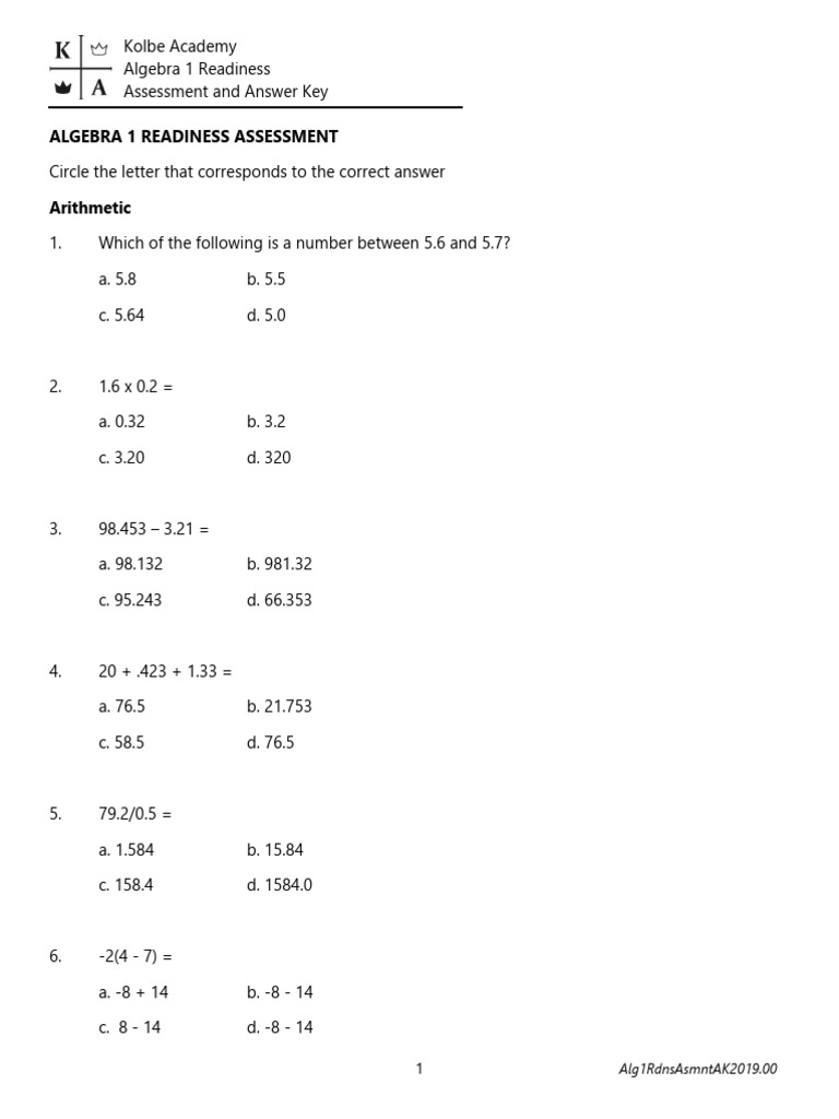 Algebra 1 Readiness Assessment and AK | PDF | Inequality (Mathematics ...