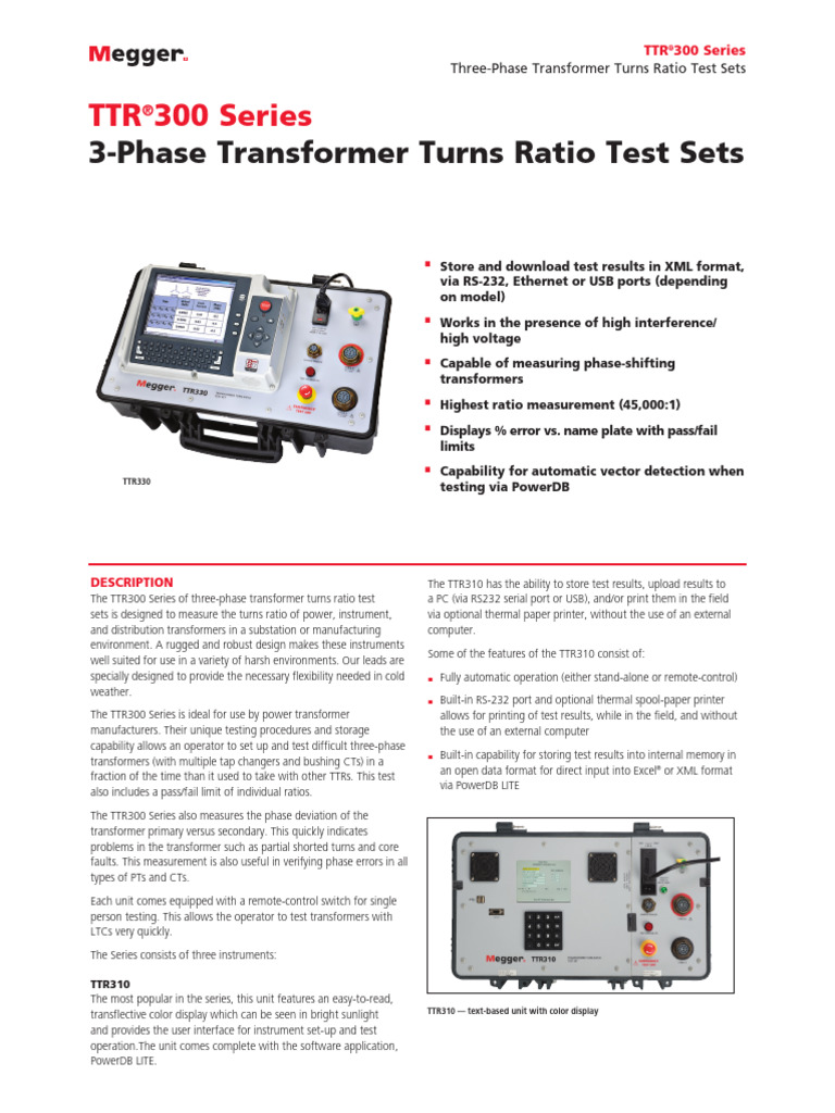 Megger TTR 310 Turns Ratio Tester | PDF | Transformer | Usb