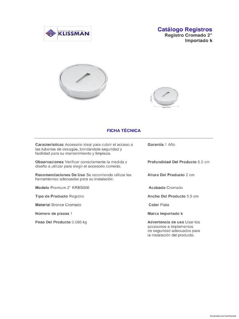 Ficha Tecnica Registro Roscado Cromado Importado K | PDF