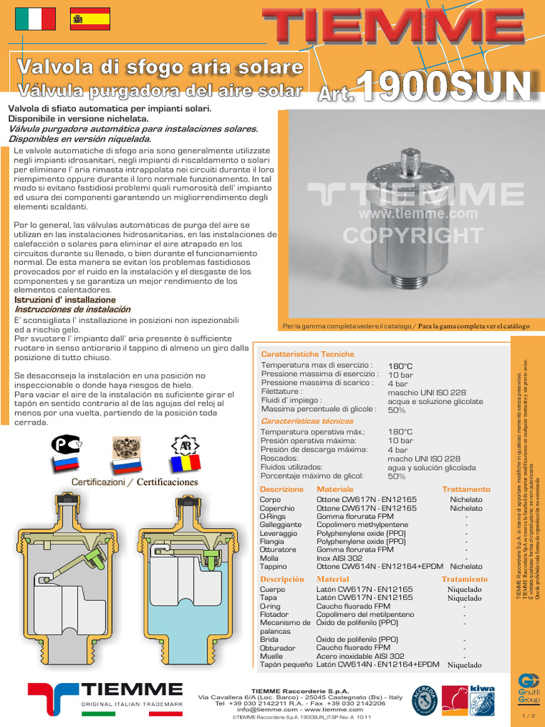Ficha Tecnica Valvula de Purga de Aire Tiemme | PDF | Sector secundario de la economía | Rieles