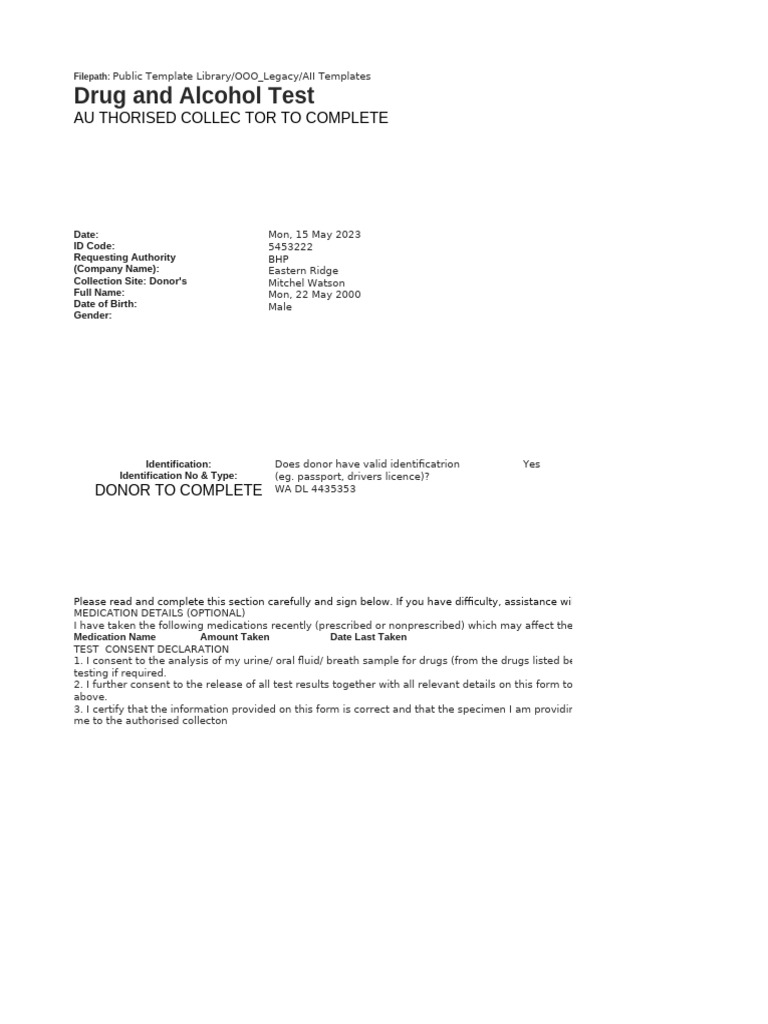 Drug & Alcohol Test Consent Form | PDF | Identity Document