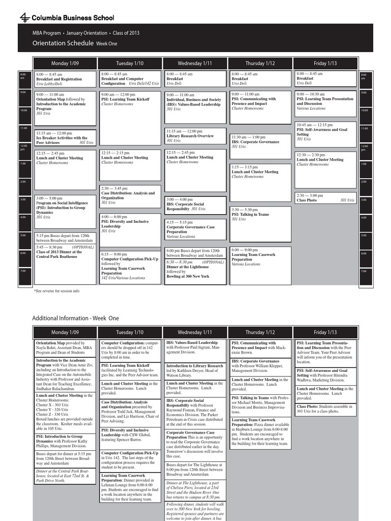 Orientation Schedule: MBA Program - January Orientation - Class of 2013 Week One | PDF | Learning