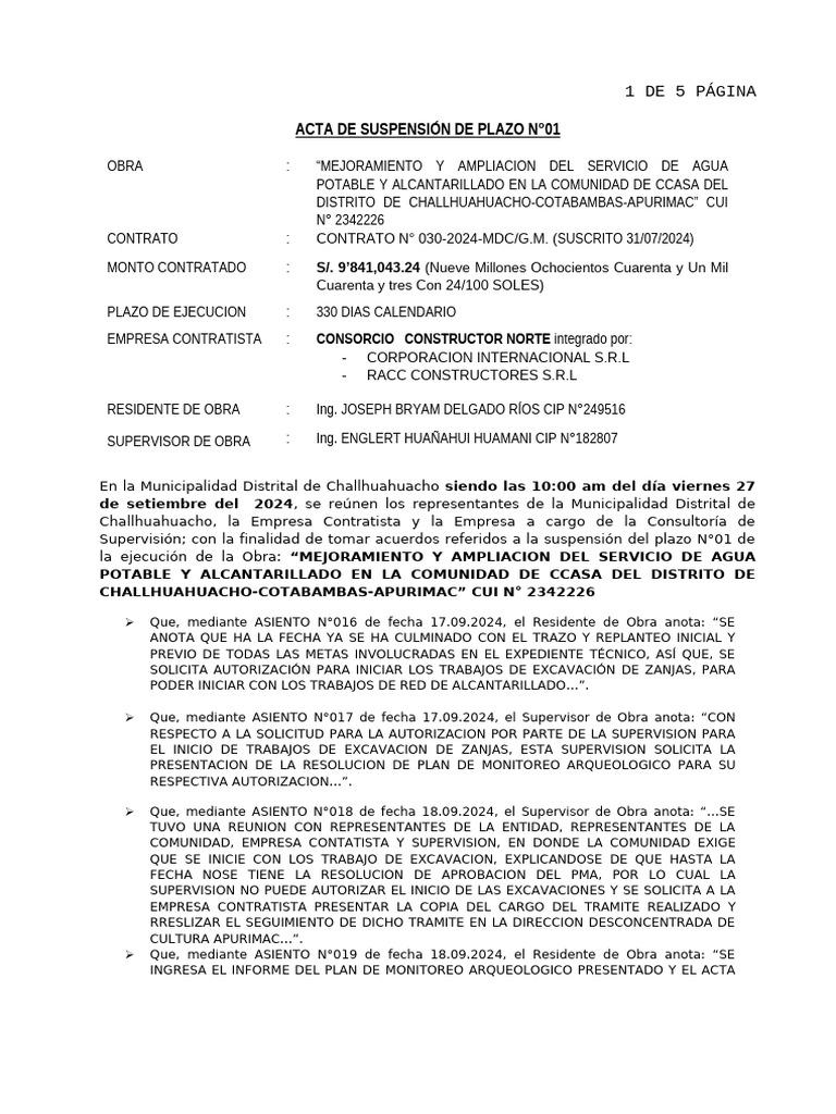 ACTA DE SUSPENSIÓN DE PLAZO N° 01 - OBRA CCASA.corregido | PDF | Derecho y economía | Educacion ...