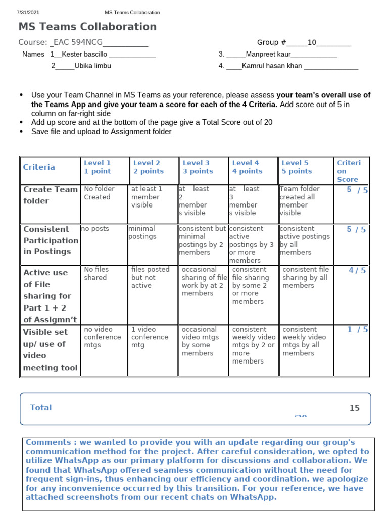 MS Teams Collaboration - Self Assessment F21 Rev | PDF | Software ...