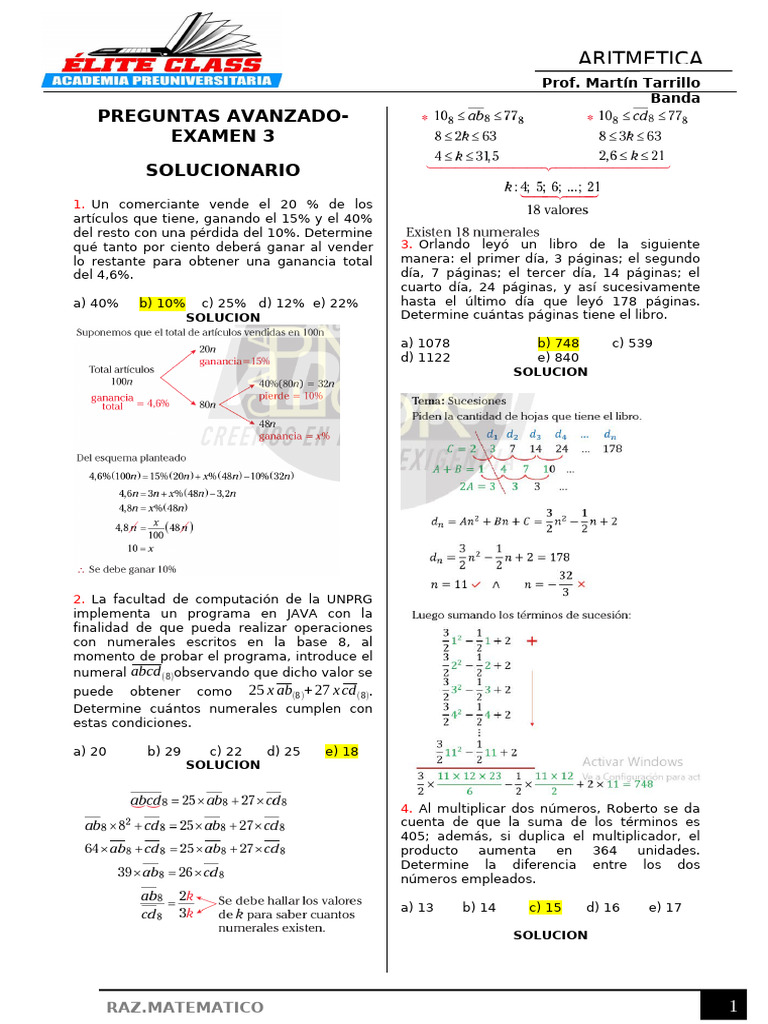 Preguntas Aritmetica 03-Avanzado - Solucion | PDF