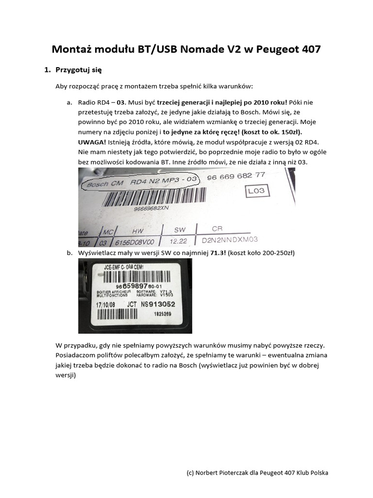 Poradnik Montażu Nomade v2 W Peugeot 407 | PDF