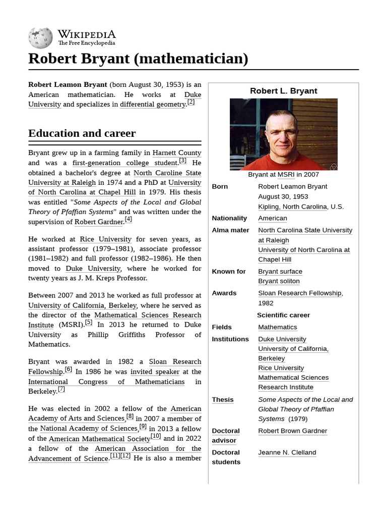 Robert L. Bryant: Mathematician Profile | PDF | Geometry | Mathematical ...