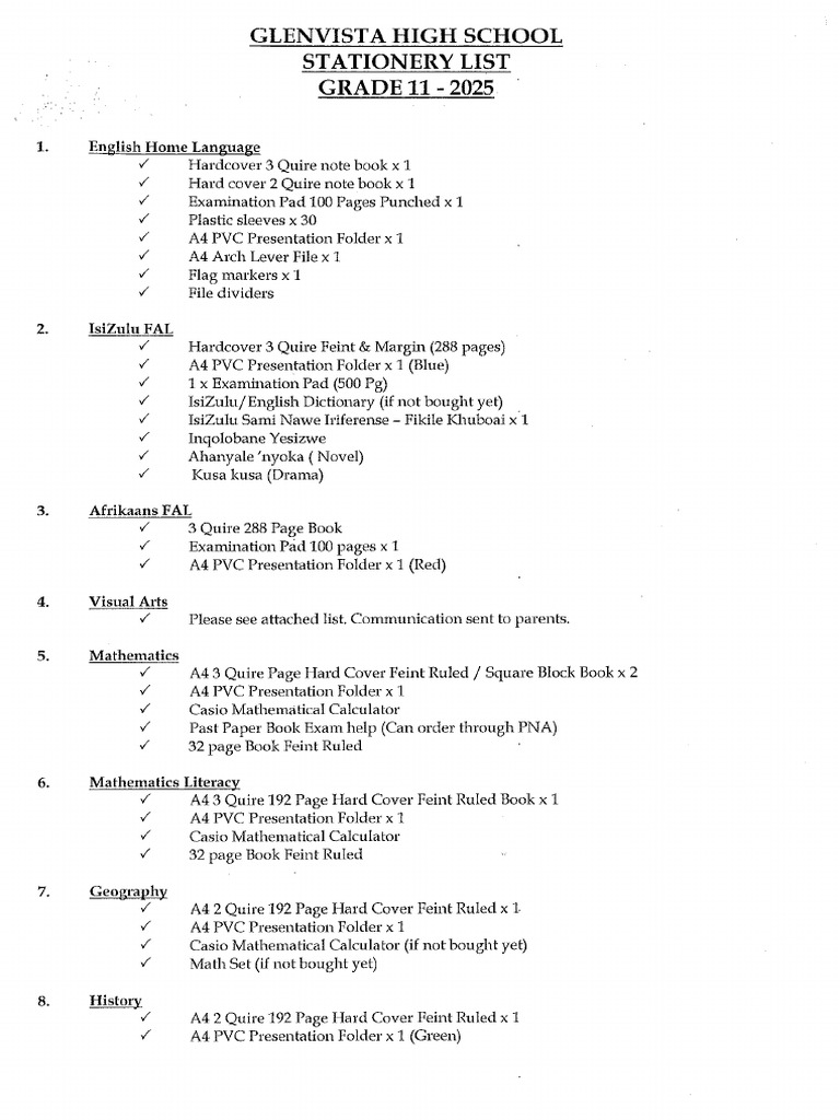 Grade 11 2025 Stationery | PDF