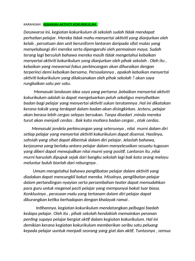 Karangan Kebaikan Aktiviti Kokurikulum | PDF