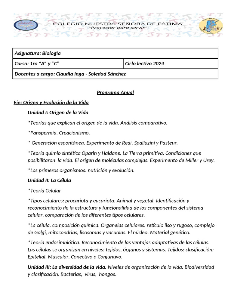 Programa Anual 1° Biol-2024 | PDF