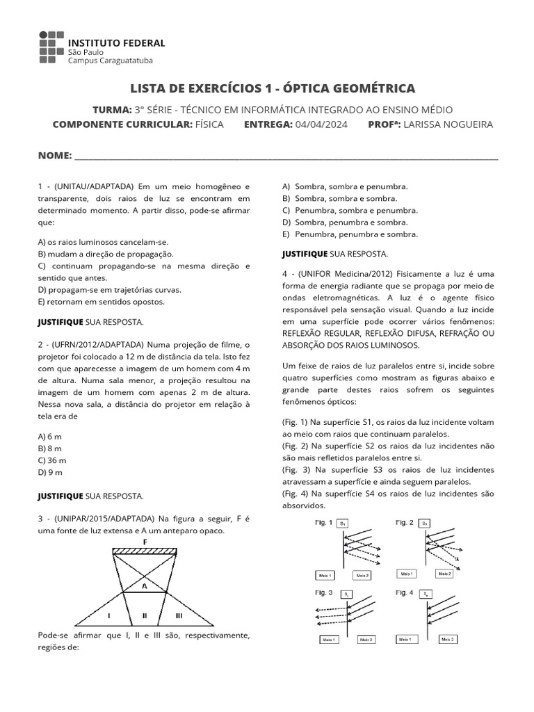 Lista de Exercícios 1 - Óptica Geométrica | PDF | Ótica | Reflexão (Física)
