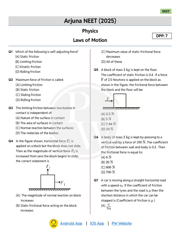 Laws of Motion _ DPP 07 (Of Lecture 11) __ Arjuna NEET 2025 | PDF | Friction | Force