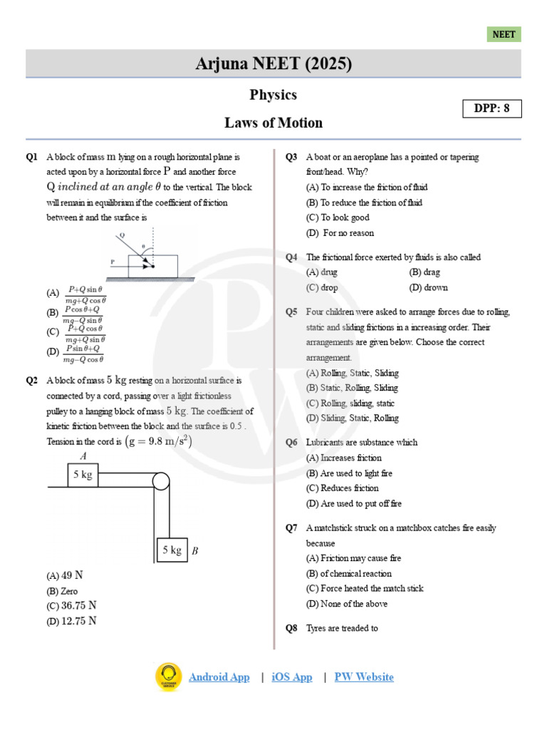 Laws of Motion _ DPP 08 (Extra DPP) __ Arjuna NEET 2025 (1) | PDF | Friction | Force