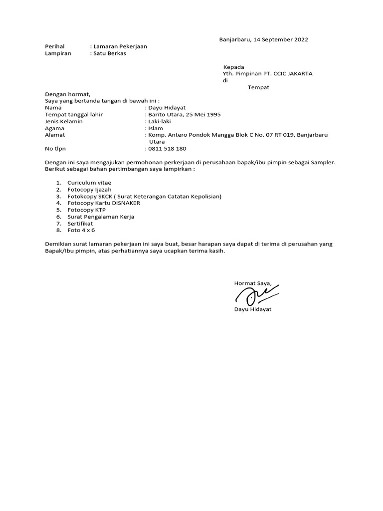 Surat Lamaran PT - CCIC | PDF