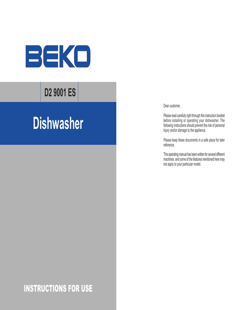 Beko D2 9001 ES (Eng) | PDF | Dishwasher | Materials