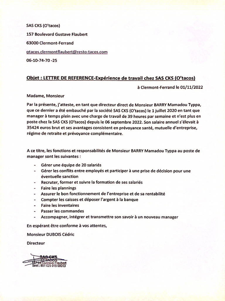 Lettre de référence Ôtacos | PDF