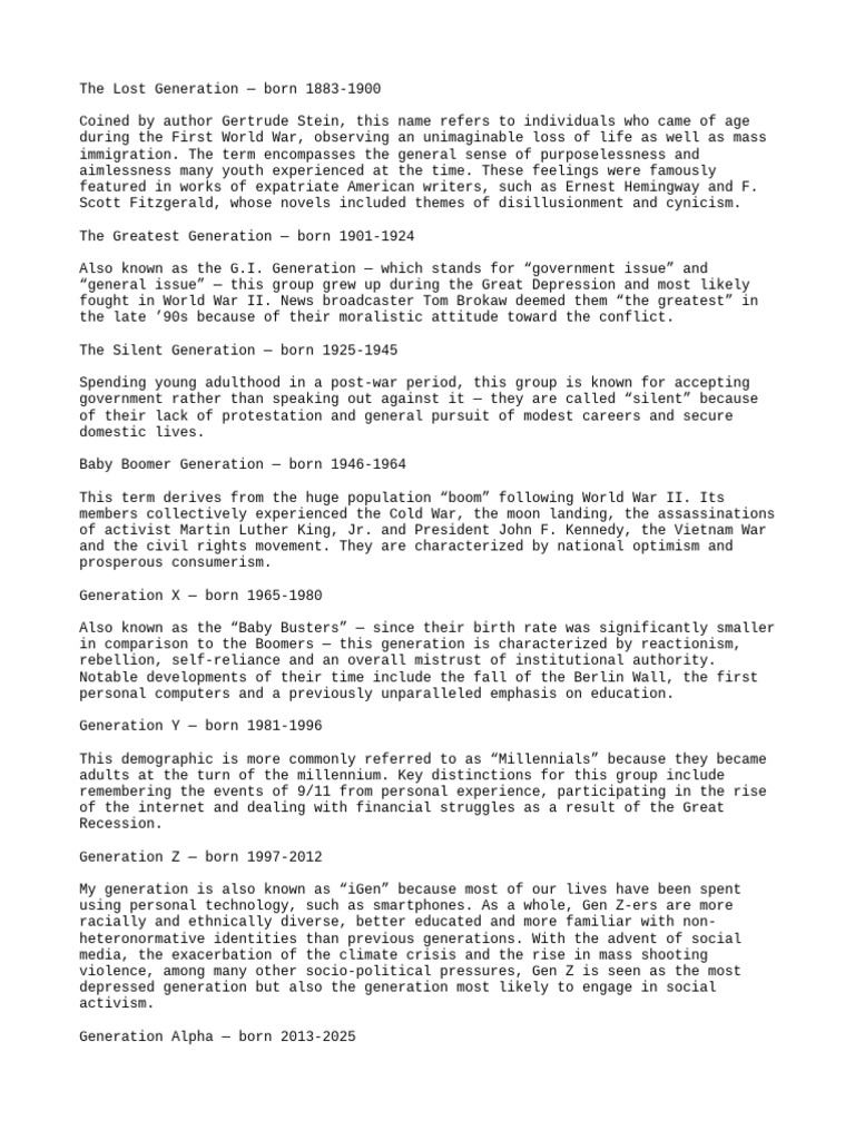Generations Names and Dates | PDF | Millennials | Cultural Politics