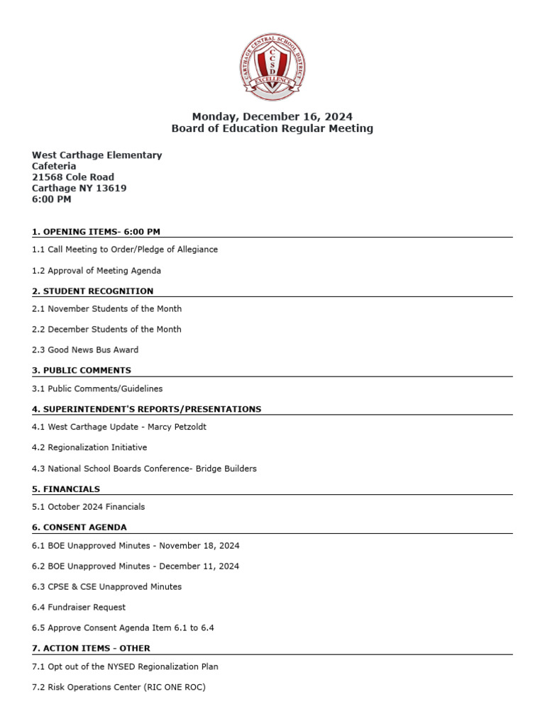 Carthage Central School District Board of Education Dec. 16, 2024 | PDF
