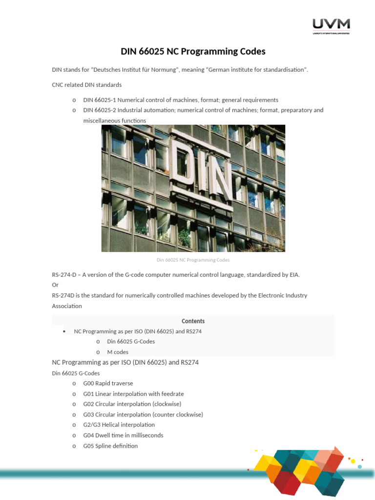 DIN 66025 NC Programming Codes | PDF | Rotation Around A Fixed Axis | Numerical Control
