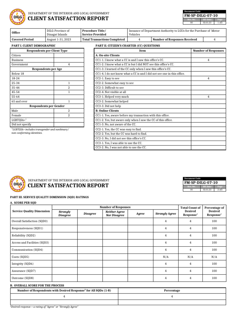 R13 - FM-SP-DILG-07-10 Client Satisfaction Report - August 2023 | PDF ...
