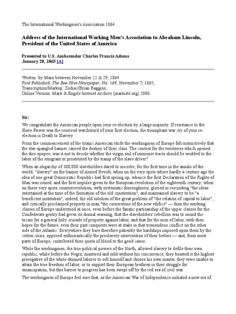Marx's Letter to Lincoln on Emancipation | PDF | Slavery | Abraham Lincoln