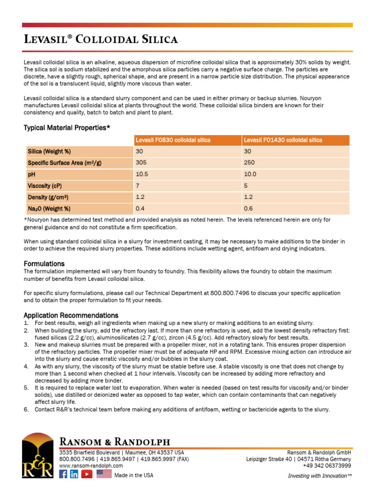 Levasil Colloidal Silica Product Sheet | PDF | Colloid | Silicon Dioxide