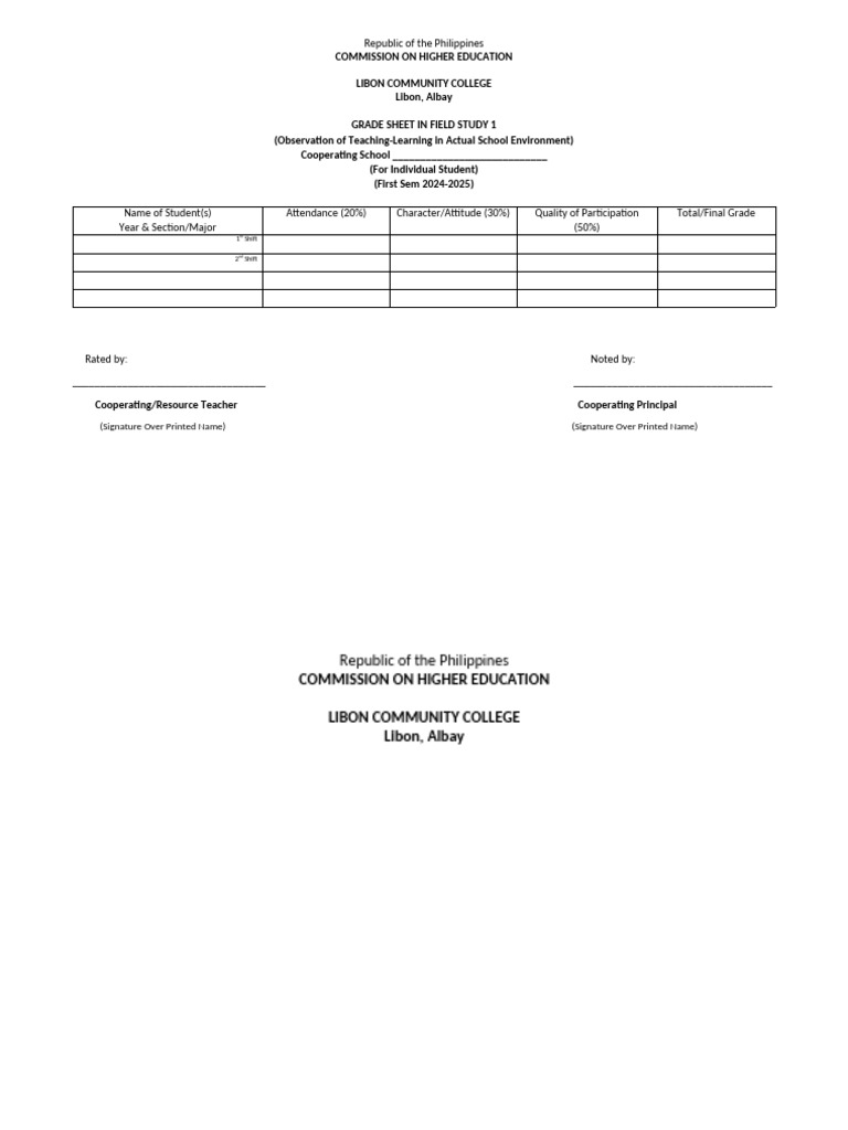 Field Study 1 Grade Sheet Template | PDF