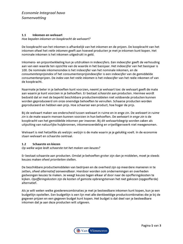 Economie Integraal Havo Samenvatting Hoofdstuk 1, 2de | PDF