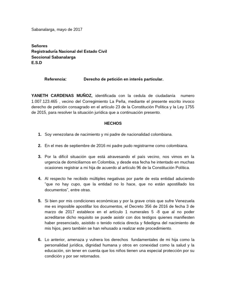 derecho de peticion yaneth | PDF | Constitución | Documento de identidad