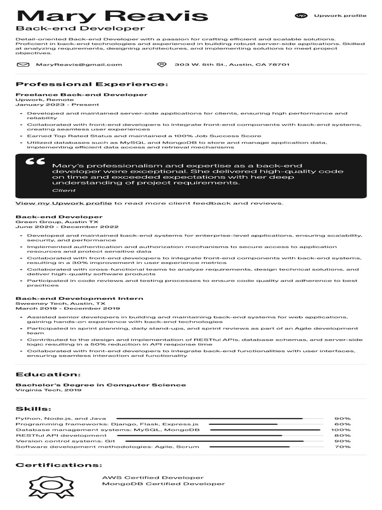 Back End Developer Resume | PDF | Databases | Mongo Db
