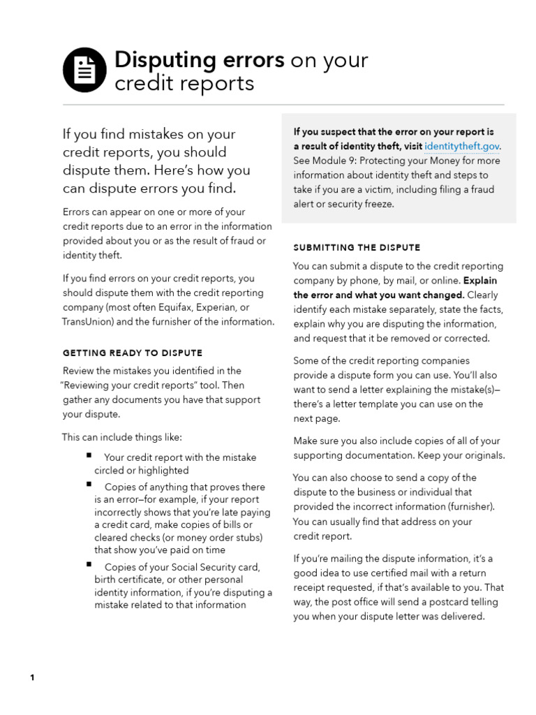 CFPB - Your Money Your Goals - Dispute Credit Report - Handout - 2018 ...