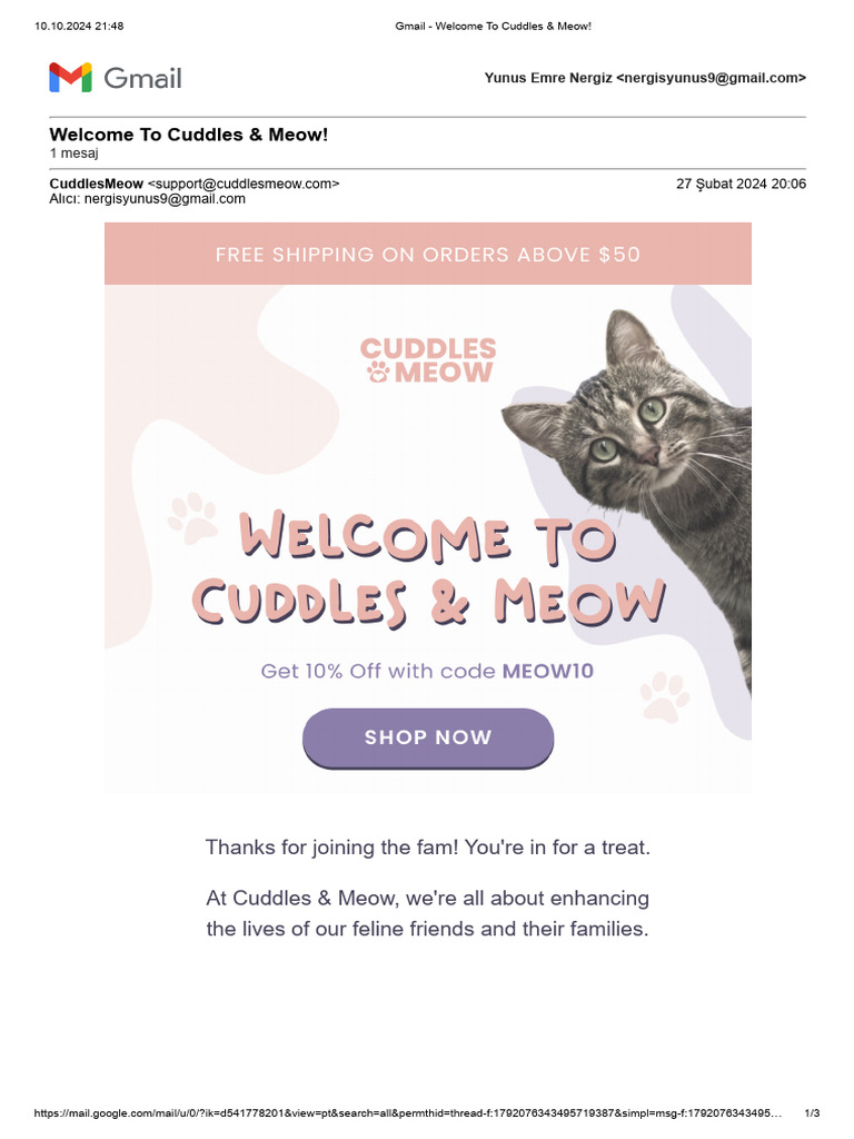 Gmail - Welcome To Cuddles & Meow! | PDF
