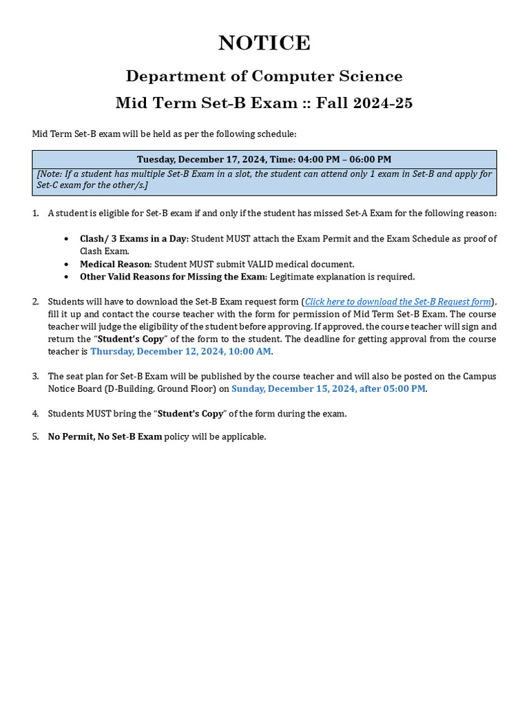 Mid Term Set B Exam Notice For Students | PDF