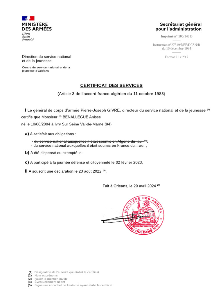 Certificat de service national d'Anisse Benallegue | PDF