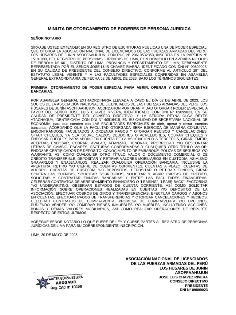 Minuta de Otorgamiento de Poderes de Persona Juridica | PDF