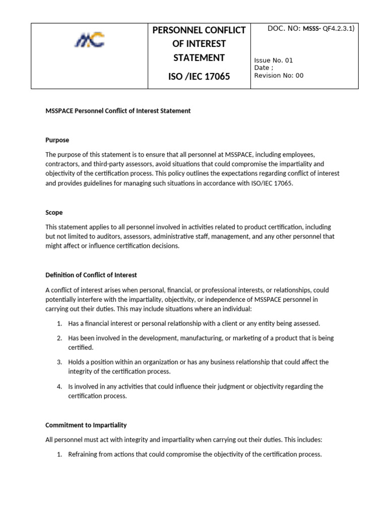 MSSPACE Personnel Conflict of Interest Statement - Copy | PDF ...