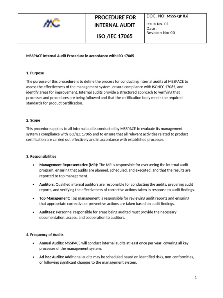 MSSPACE Internal Audit Procedure in Accordance With ISO 17065 | PDF ...