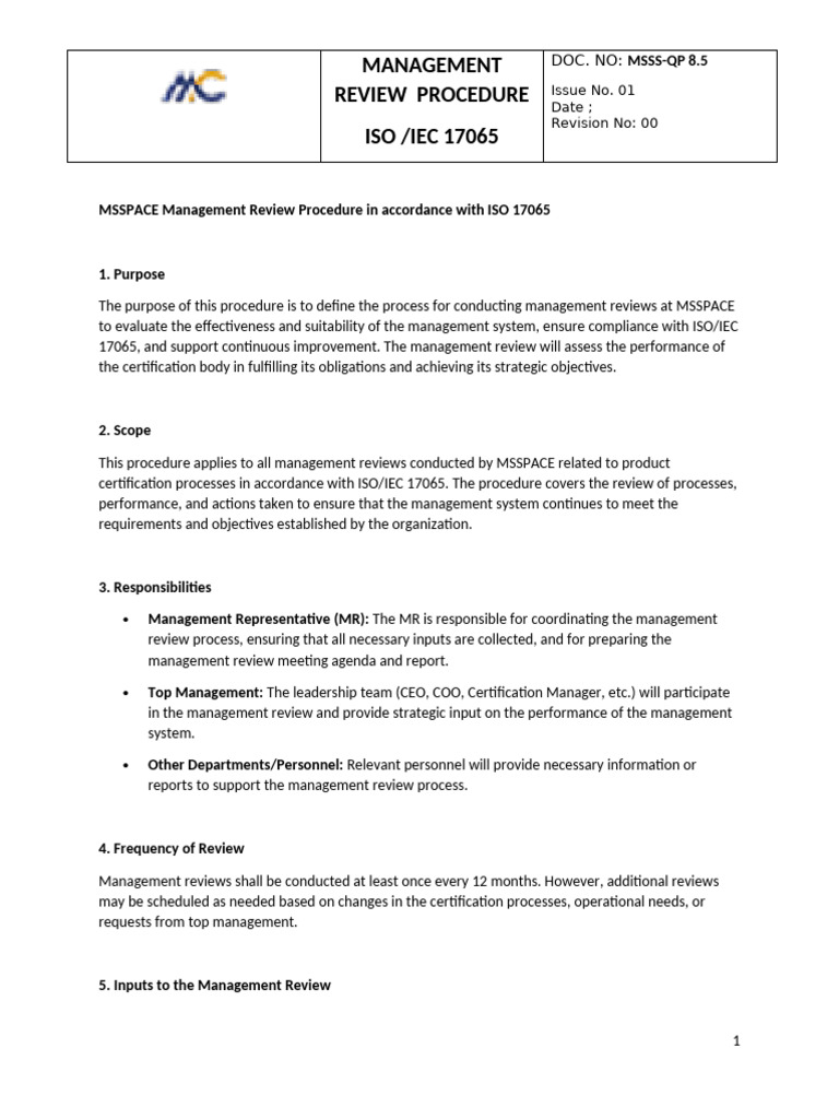 MSSPACE Management Review Procedure in Accordance With ISO 17065 | PDF ...
