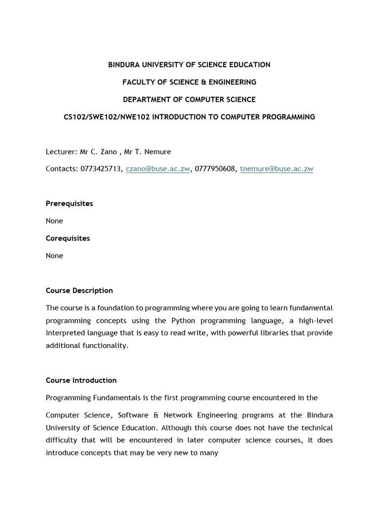 CS102 Course Outline Aug 2024 | PDF | Programming | Computer Program