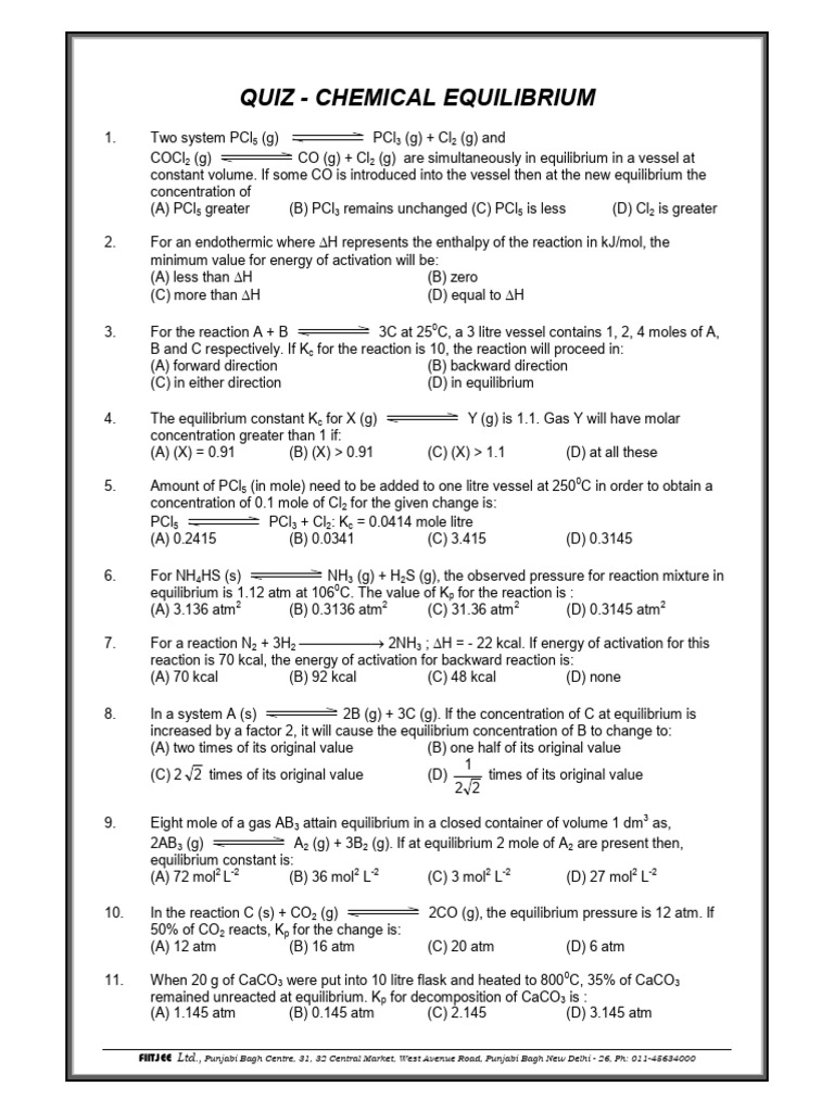 Quiz - Chemical Equilibrium | PDF | Chemical Equilibrium | Mole (Unit)
