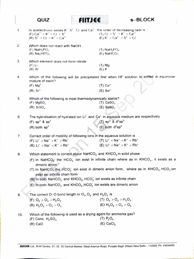 S Block Quiz (Practice Paper) | PDF | Hydroxide | Magnesium