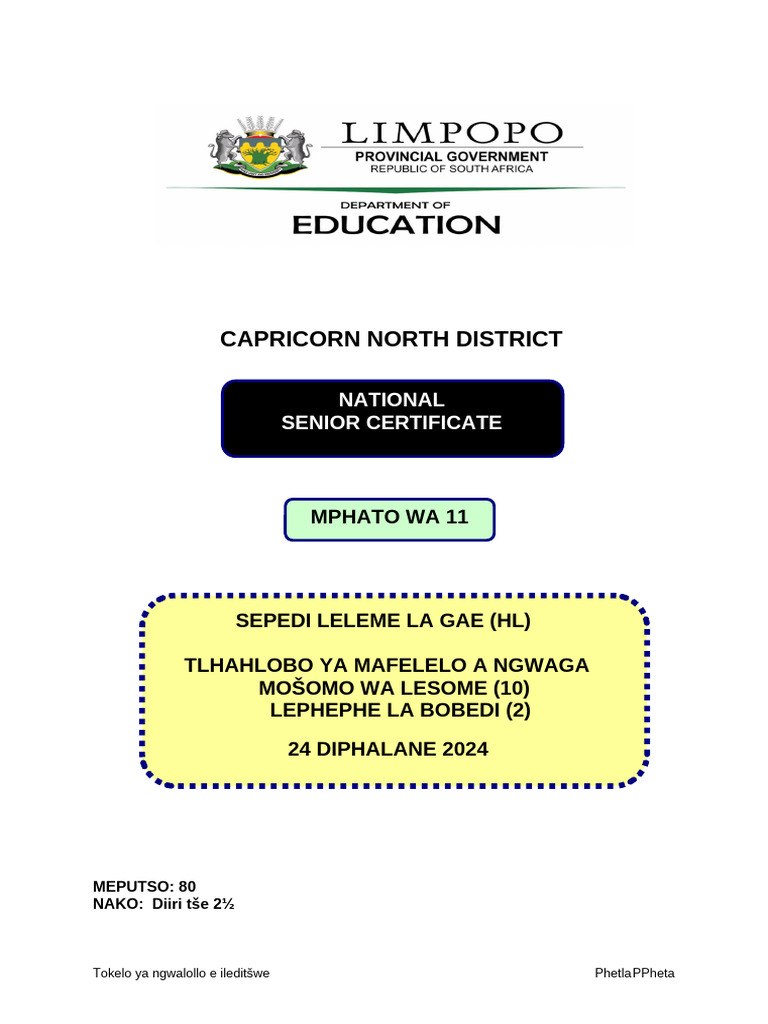 Sepedi HL P2 Grade 11 Final Exam Oct - Nov 2024 QP | PDF