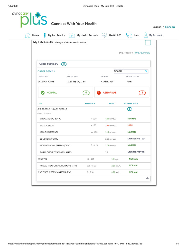 Dynacare Plus - My Lab Test Results-1 | PDF | Cholesterol | Thyroid