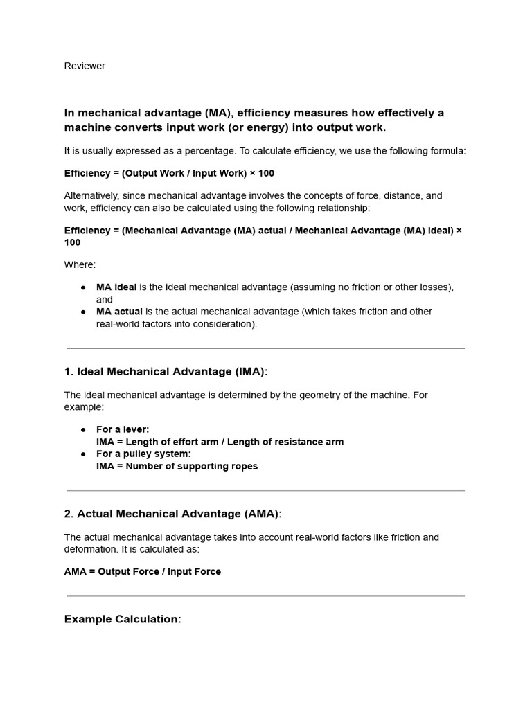 Simple Machine - Mechanical Advantage and Efficiency | PDF | Lever ...