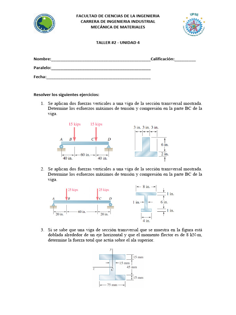 Taller de Mecánica de Materiales | PDF | Viga (Estructura) | Doblar
