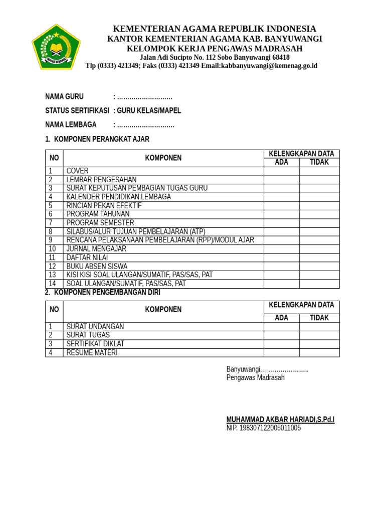Instrumen Komponen Perangkat Ajar | PDF