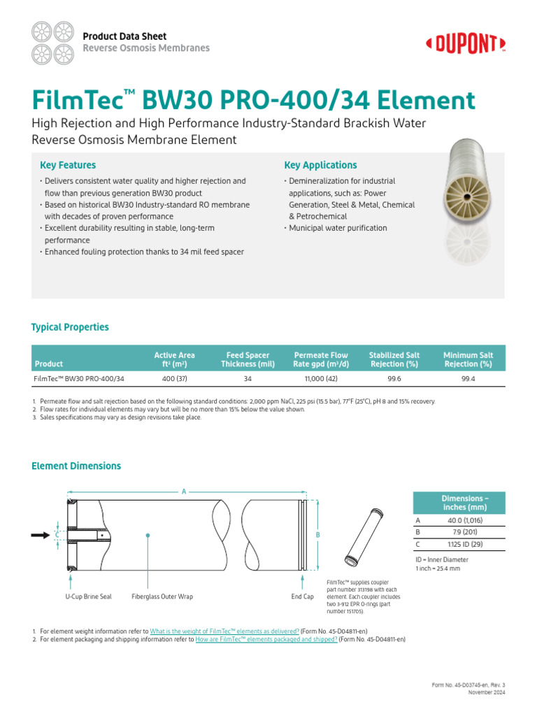 FilmTec BW30 PRO 400 34 PDS 45 D03745 en | PDF | Membrane | Materials