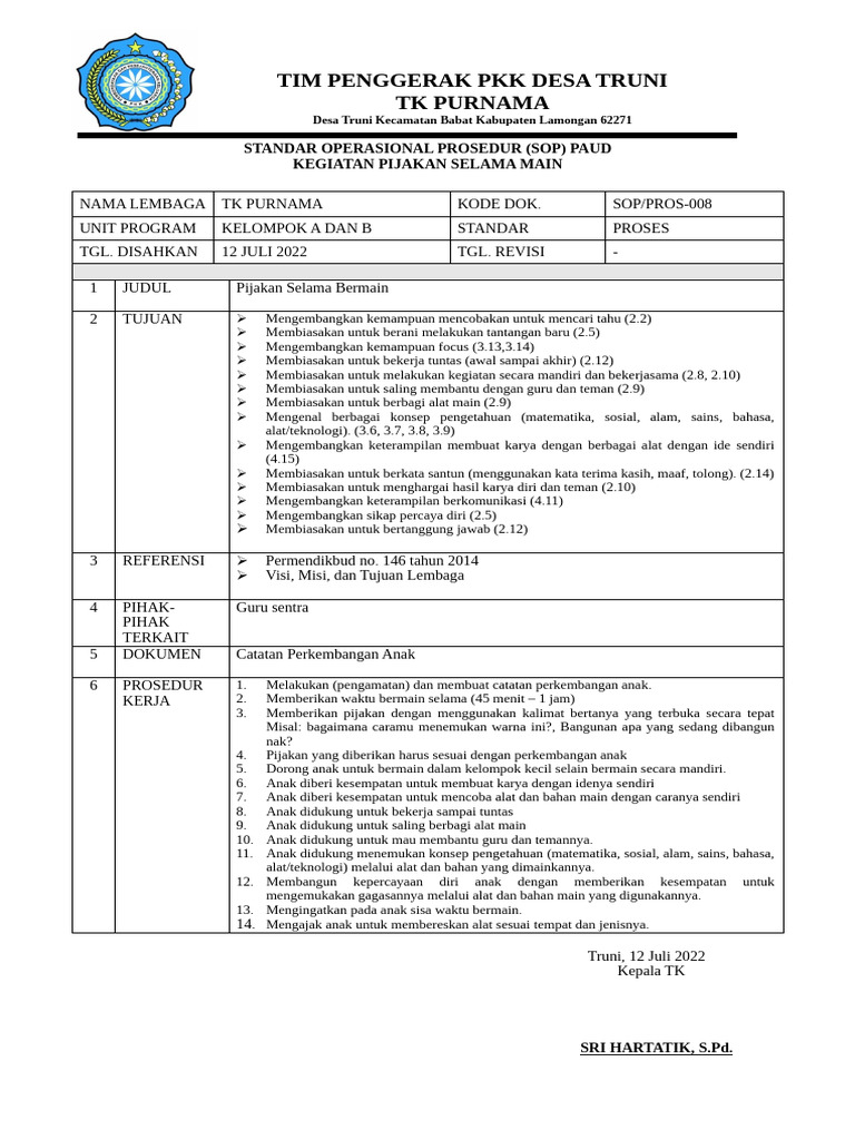 8 Sop Paud Kegiatan Pijakan Selama Main | PDF