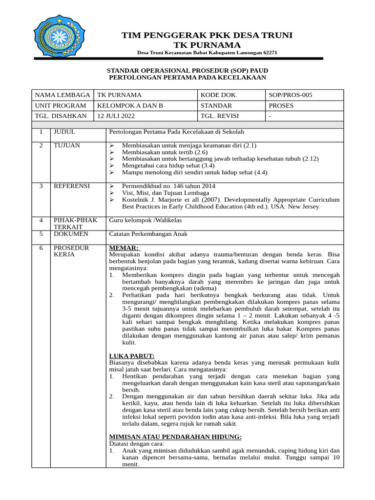 5 SOP PAUD PERTOLONGAN PERTAMA PADA KECELAKAAN | PDF