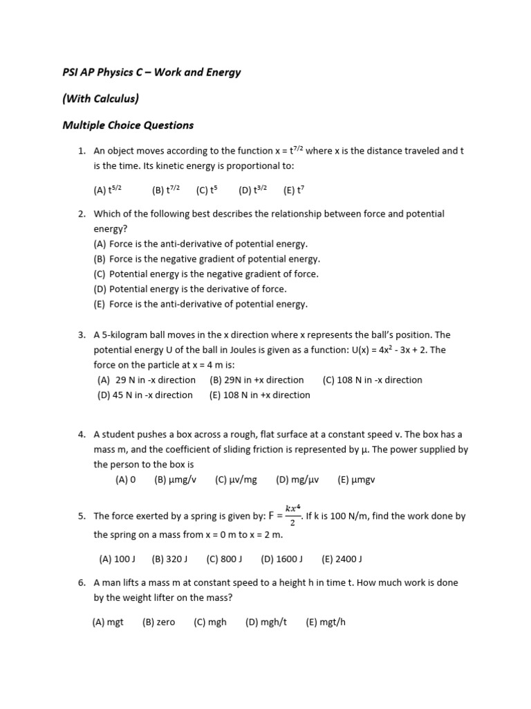 Work Energy Multiple Choice Calculus Based 2015 11 18 | PDF | Force ...